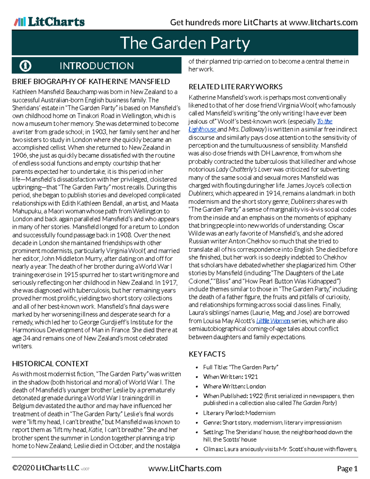 The Garden Party Lit Chart - The Garden Party BRIEF BIOGRAPHY OF ...