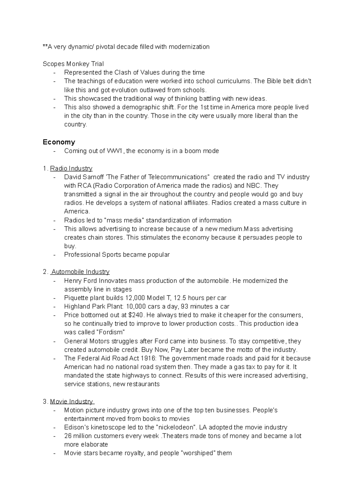 1920s - Notes from lecture - **A very dynamic/ pivotal decade filled ...