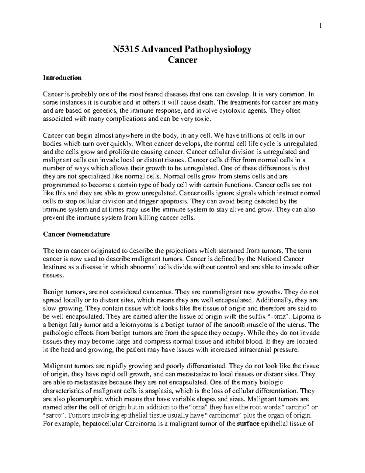 N5315 Advanced Pathophysiology Cancer Lecture - N5315 Advanced ...