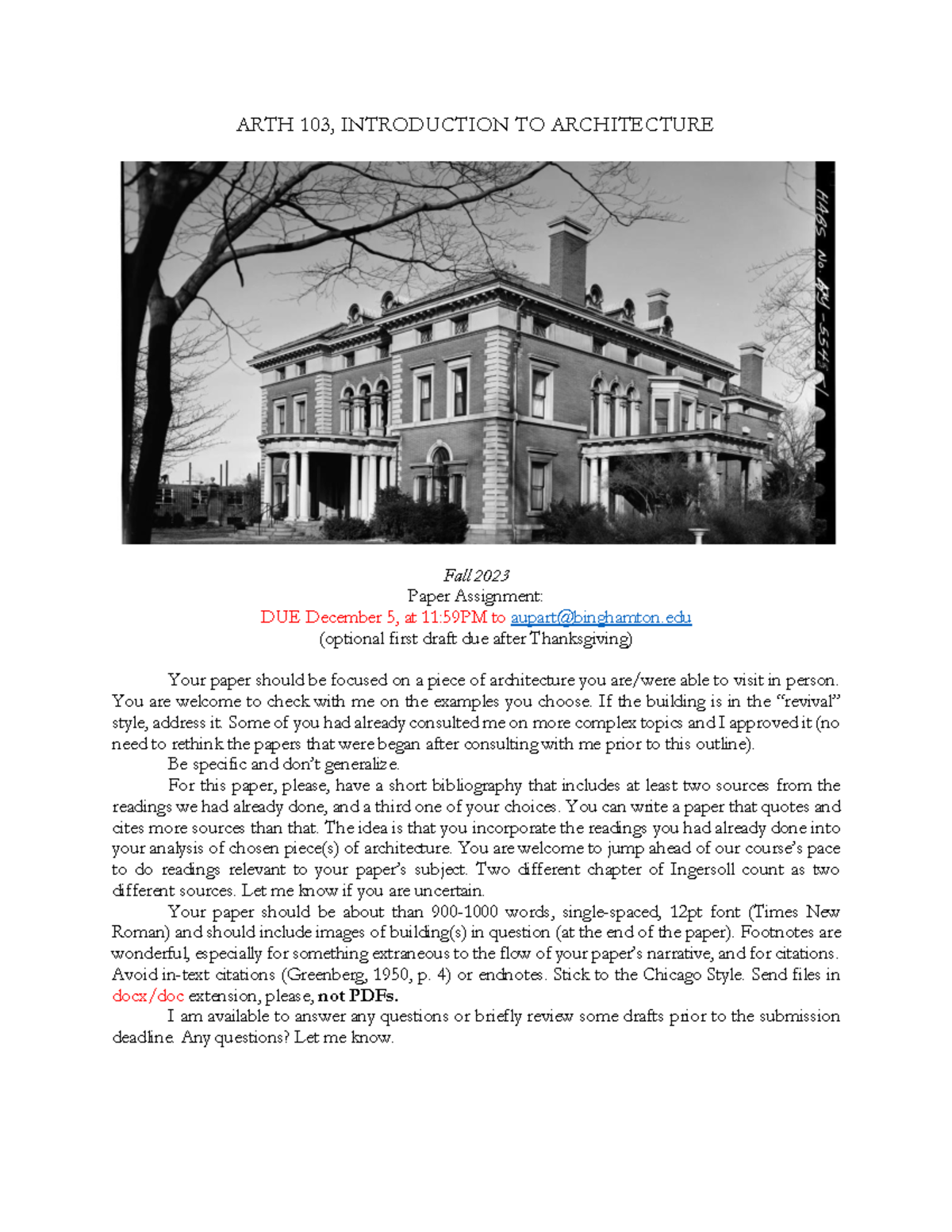 Upart Intro-Arch Paper 2023 - ARTH 103, INTRODUCTION TO ARCHITECTURE Fall 2023 Paper Assignment ...