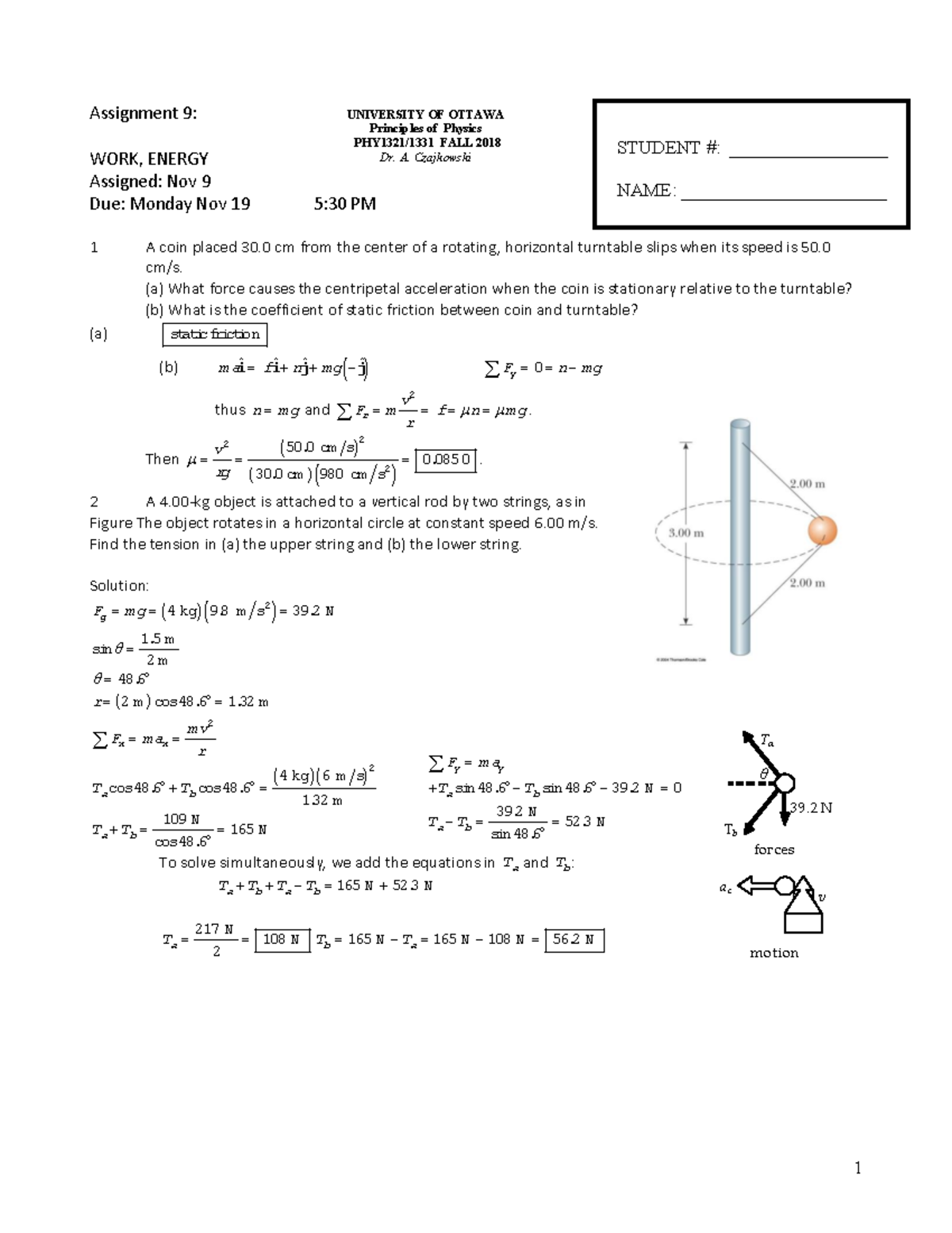 Assignment 9 Solutions - Assignment 9: UNIVERSITY OF OTTAWA Principles of Physics PHY1321/1331 ...