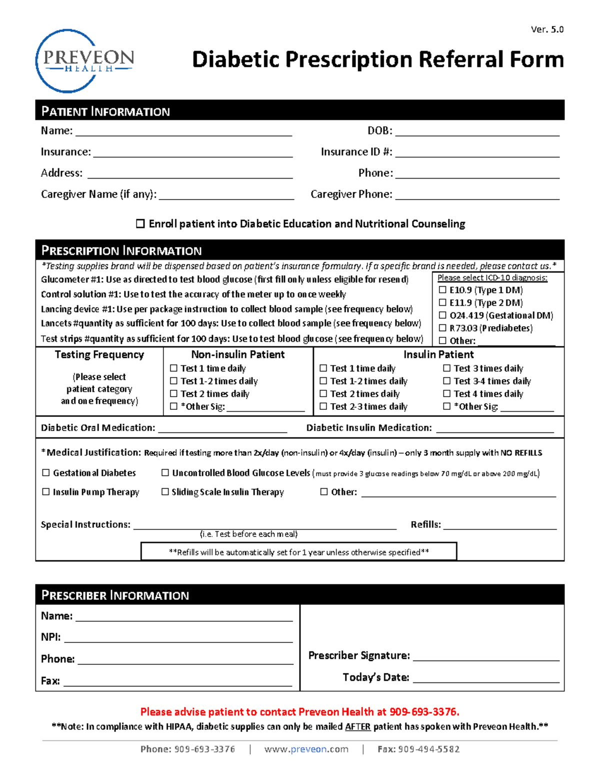 Diabetes Prescription Referral Form Preveon - Ver. 5. Phone: 909 -693 ...