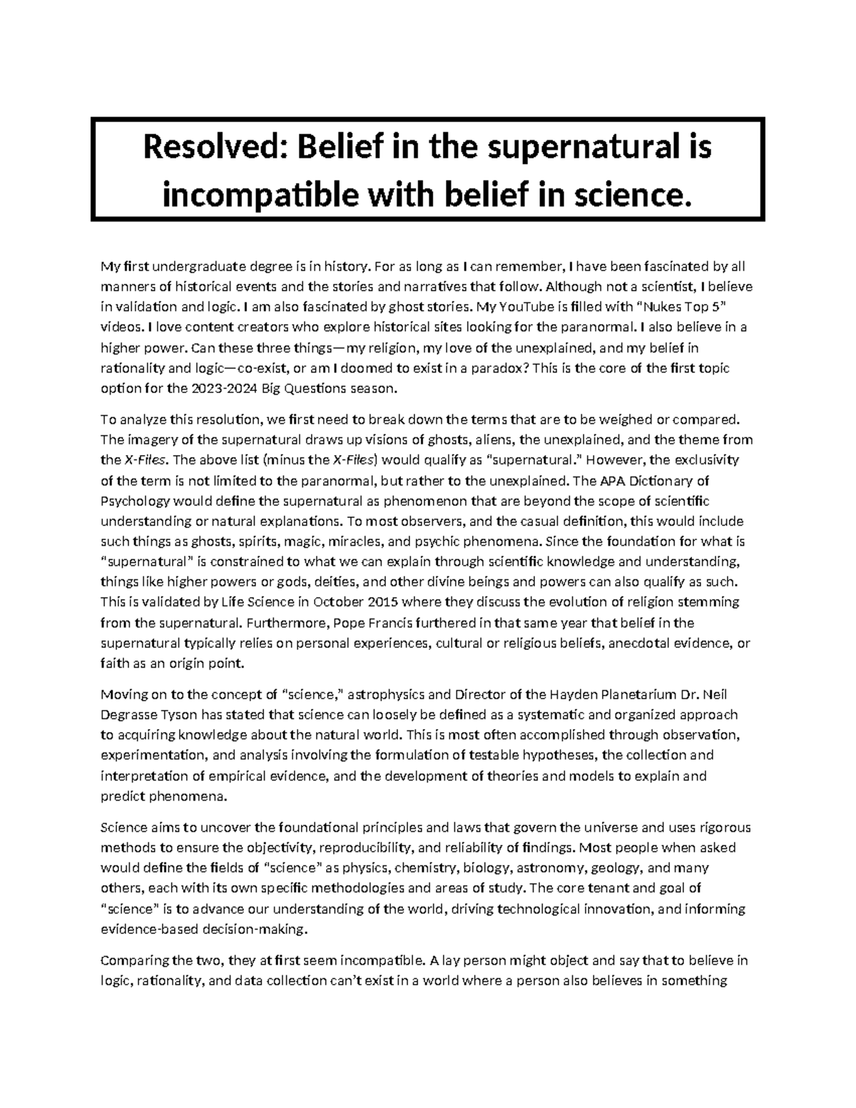 Big Questions Topic Papers 2023 2024 - Resolved: Belief in the ...