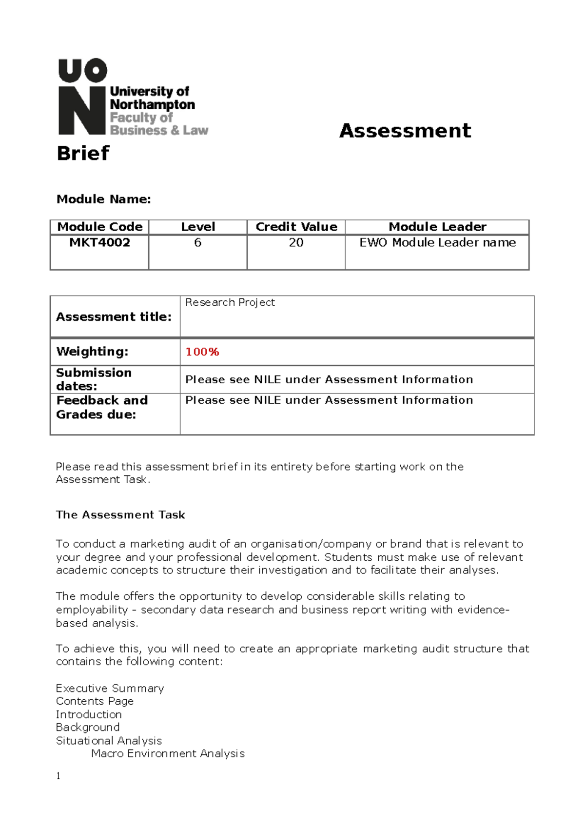 MKT4002 Research Project AS1 Brief 22 23 EWO - Assessment Brief Module Name: Module Code Level ...