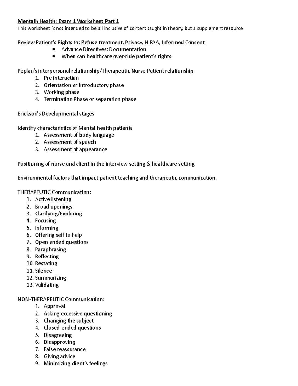 MH Exam 1 Worksheet Part 1 NSG 3450 - Mentalh Health: Exam 1 Worksheet ...