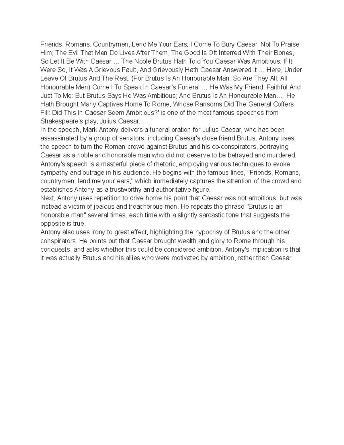 Untitled document (1) - Analysis Essay - Friends, Romans, Countrymen ...