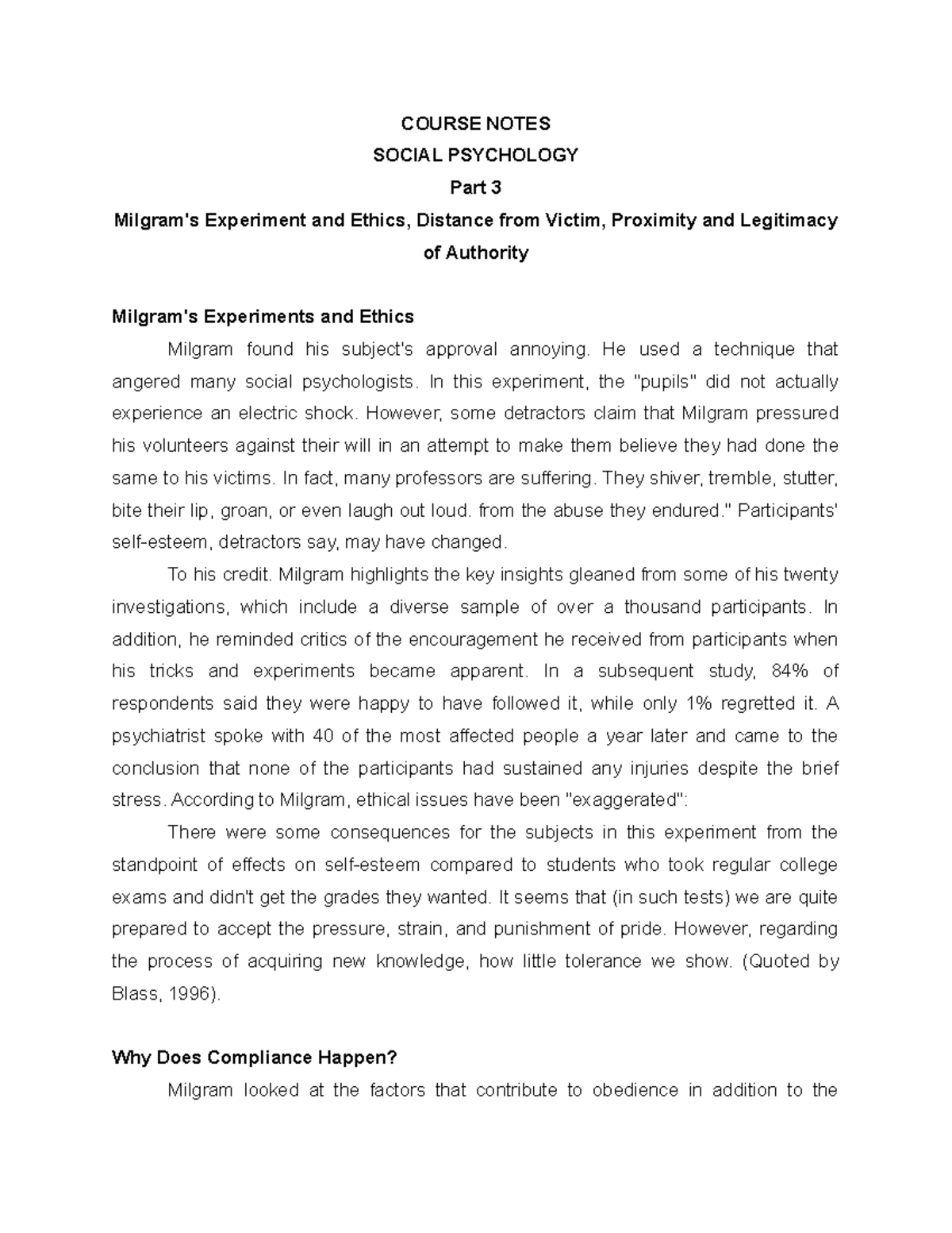 Course Notes Social Psychology Milgram's Experiment and Ethics ...