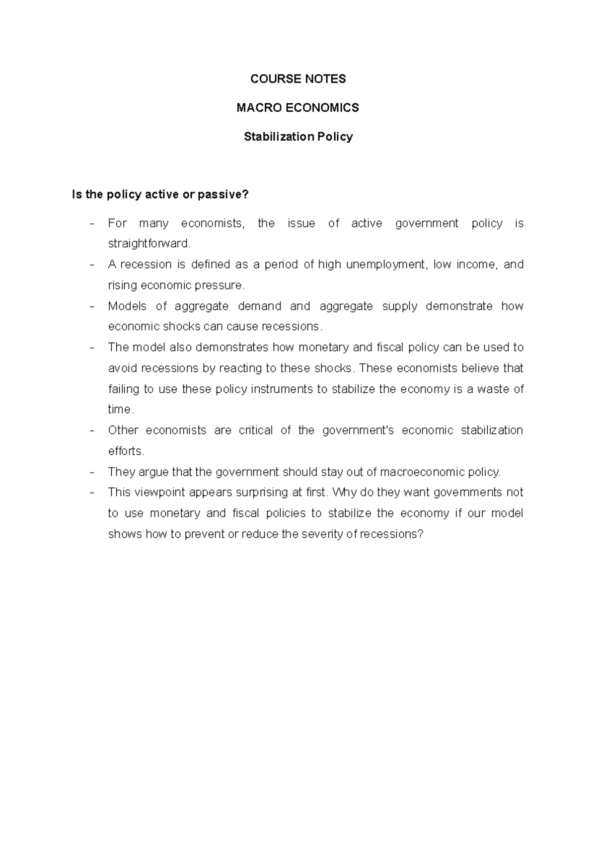 Course Notes Macroeconomics Stabilization Policy - COURSE NOTES MACRO ...