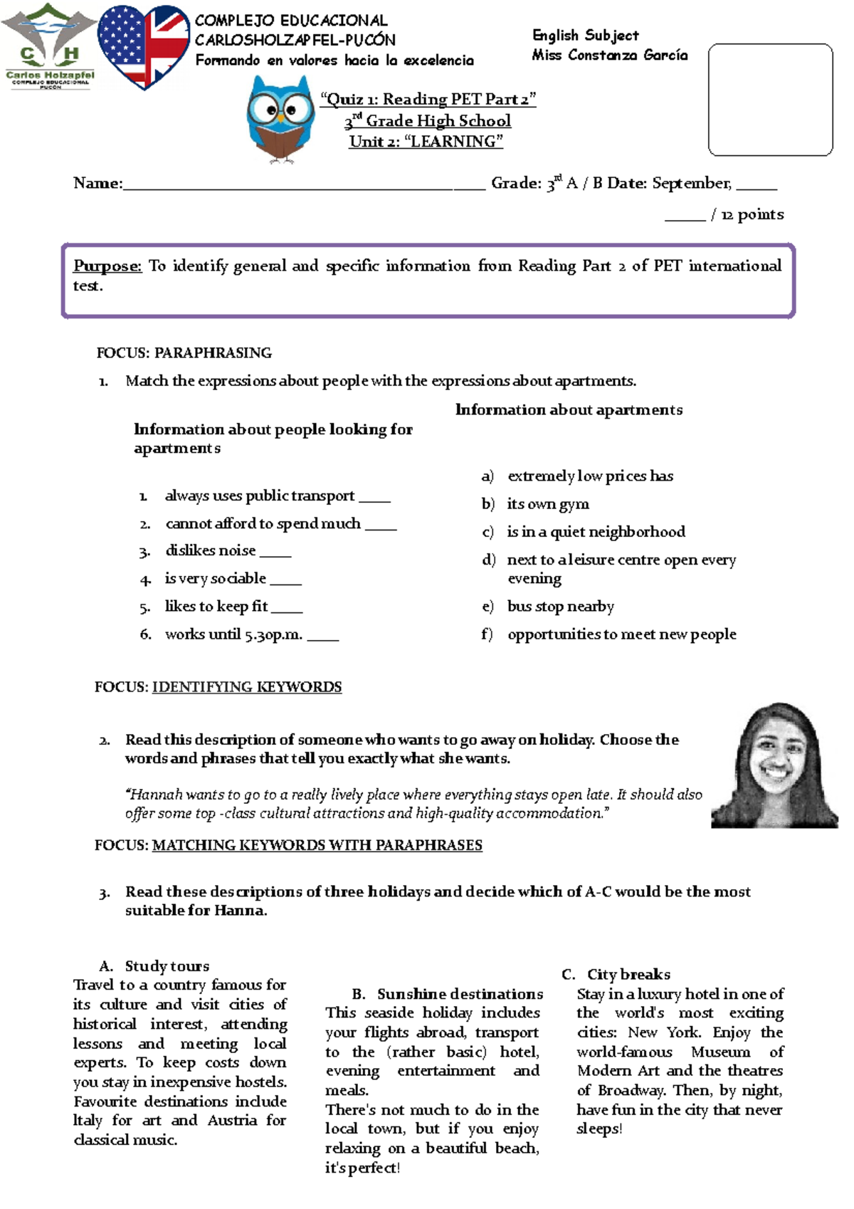 Reading part 2 Pet - crrct - English Subject Miss Constanza García ...