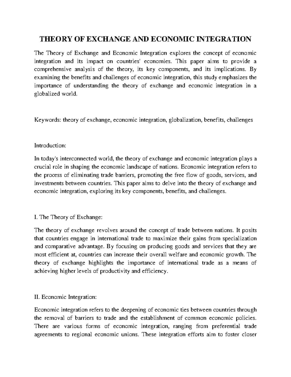 Theory OF Exchange AND Economic Integration - THEORY OF EXCHANGE AND ...