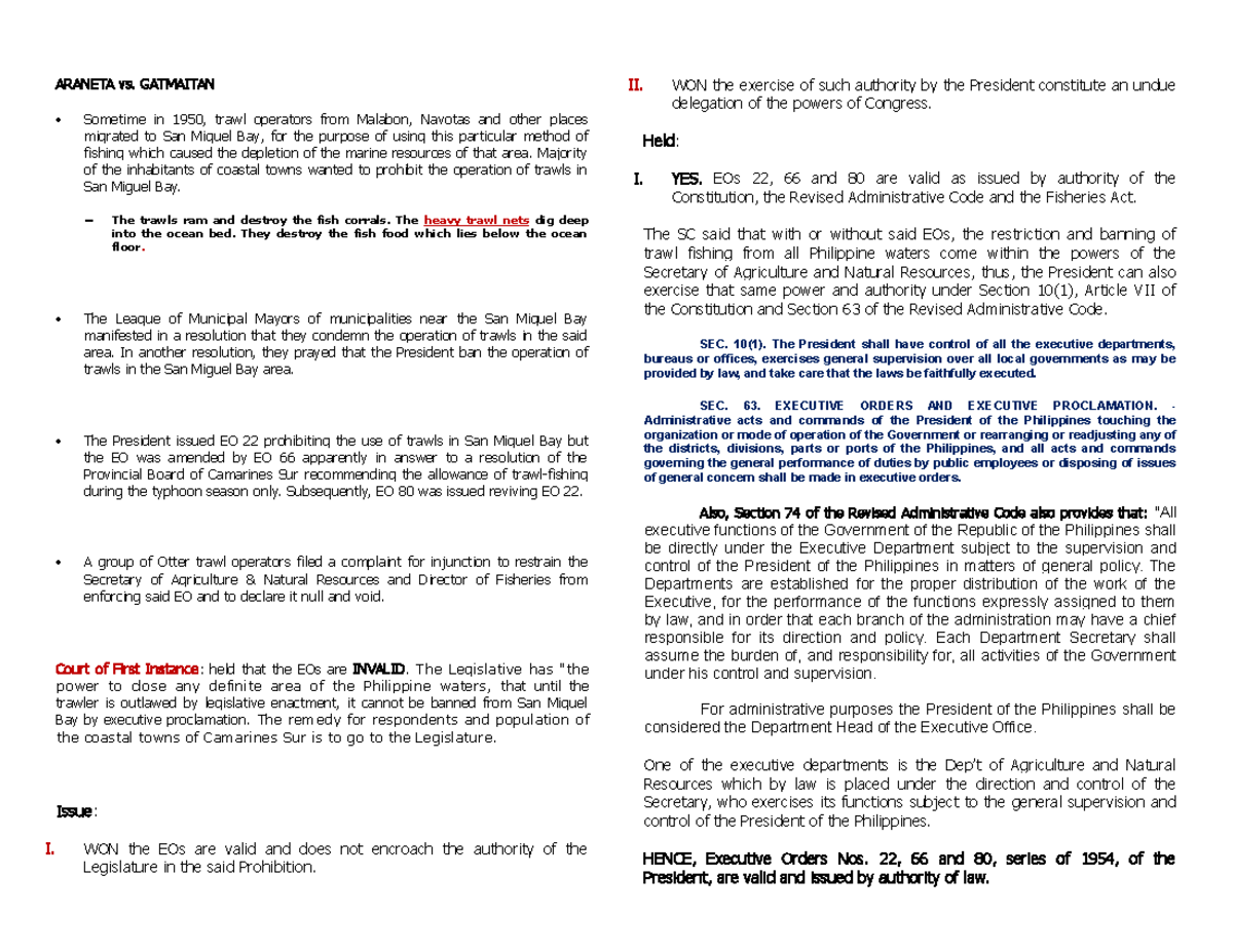 APEL Digests (Control-Quasi-legislative) digests case - ARANETA vs ...