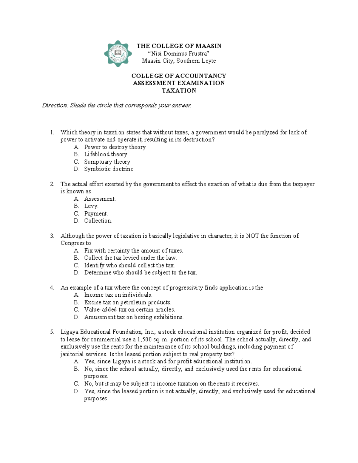 Taxation Assessment Questionnaire - THE COLLEGE OF MAASIN ìNisi Dominus ...
