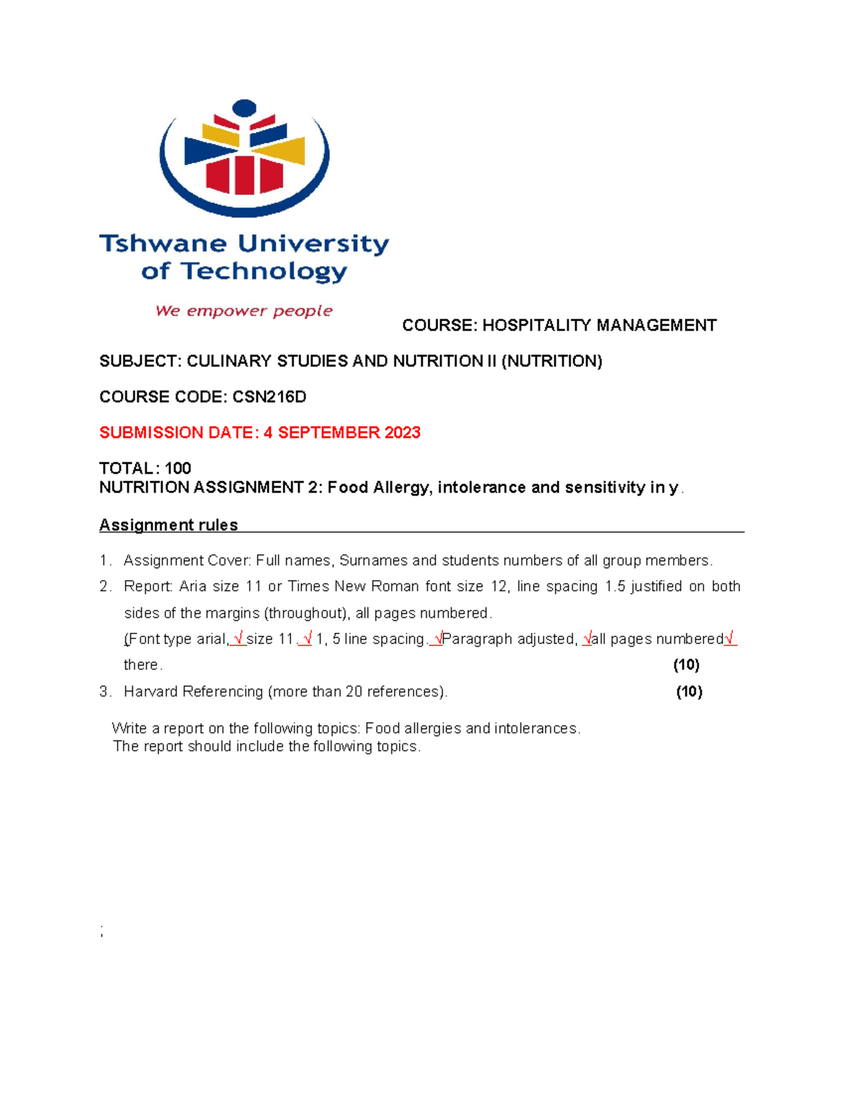 CSN216D Nutrition Assignment 1 Semester 2 2023 - COURSE: HOSPITALITY ...