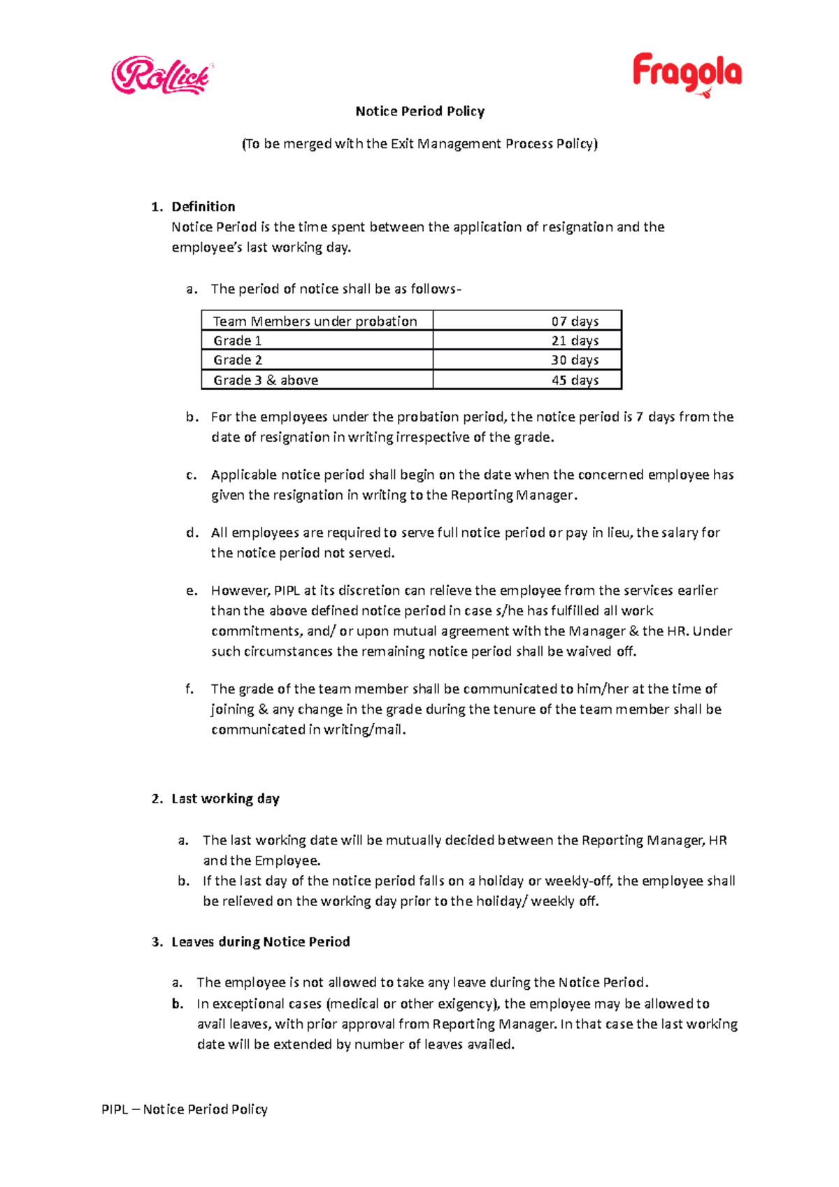 PIPL - Notice Period Policy - Notice Period Policy (To be merged with ...