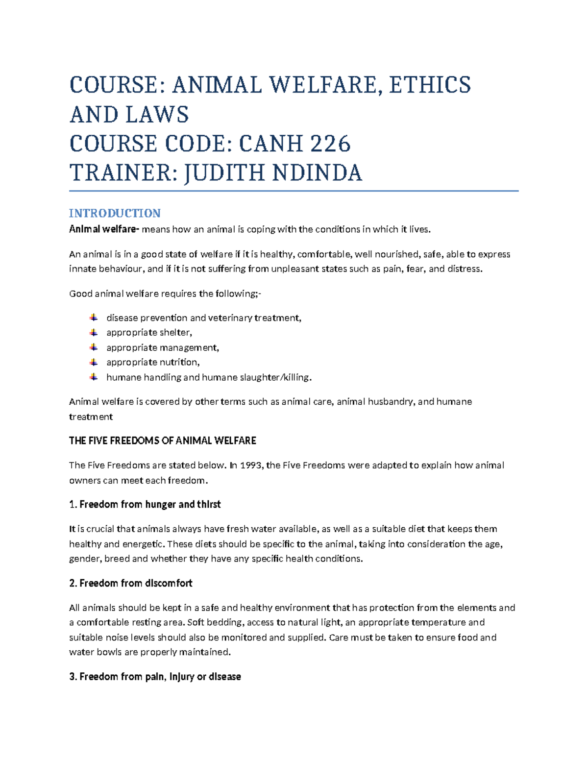CANH 226- Animal Welfare, Ethics AND LAWS - COURSE: ANIMAL WELFARE ...