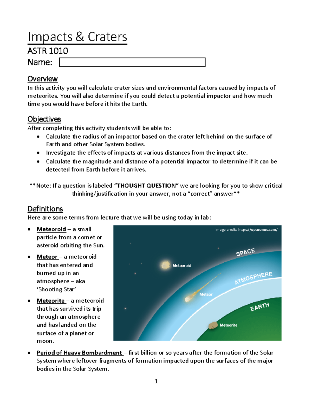 Impacts and Craters Lab - Impacts & Craters ASTR 1010 Name: Overview In ...