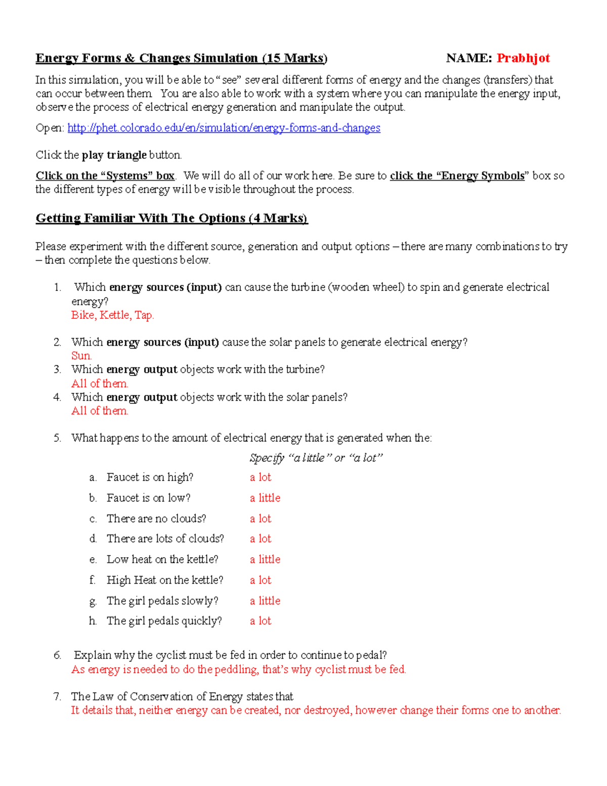 Lab 2 - Energy Forms - Energy Forms & Changes Simulation (15 Marks ...