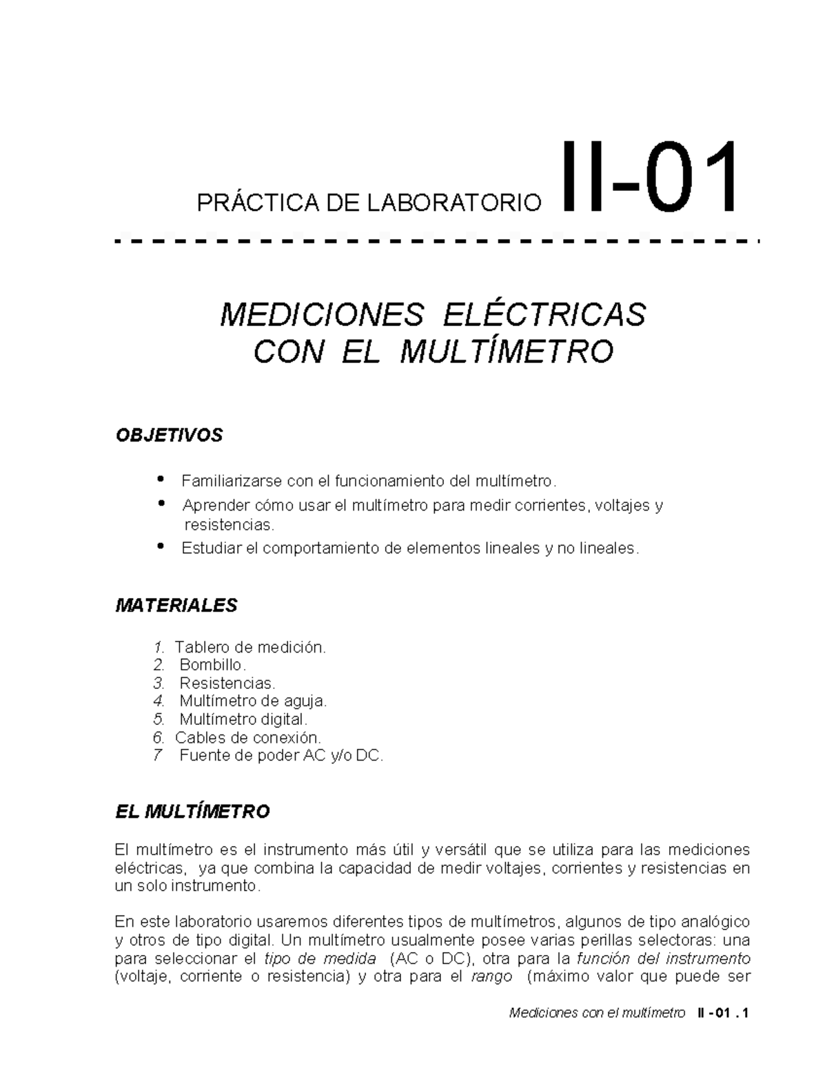 Lab-II-Prac-1 Mediciones con Multimetros - PRÁCTICA DE LABORATORIO II- MEDICIONES ELÉCTRICAS CON ...