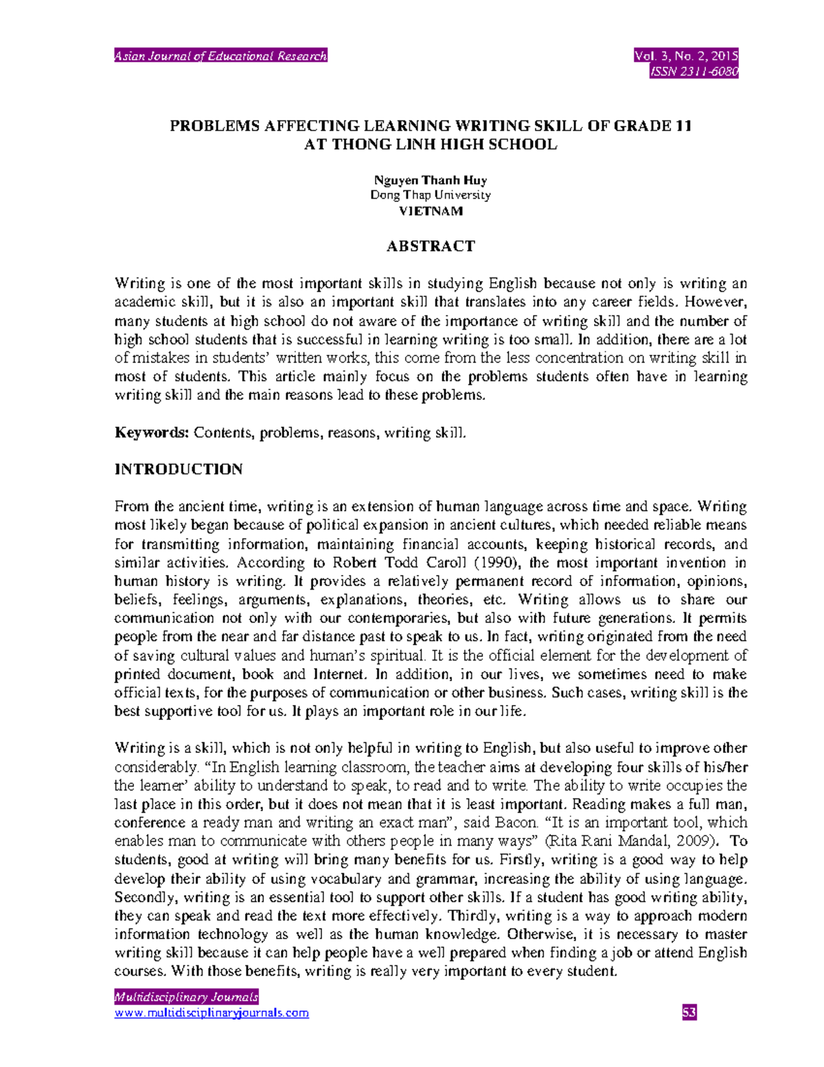 Problems Affecting Learning Writing Skill OF Grade AT Thong LINH HIGH School - ISSN 2311- - Studocu