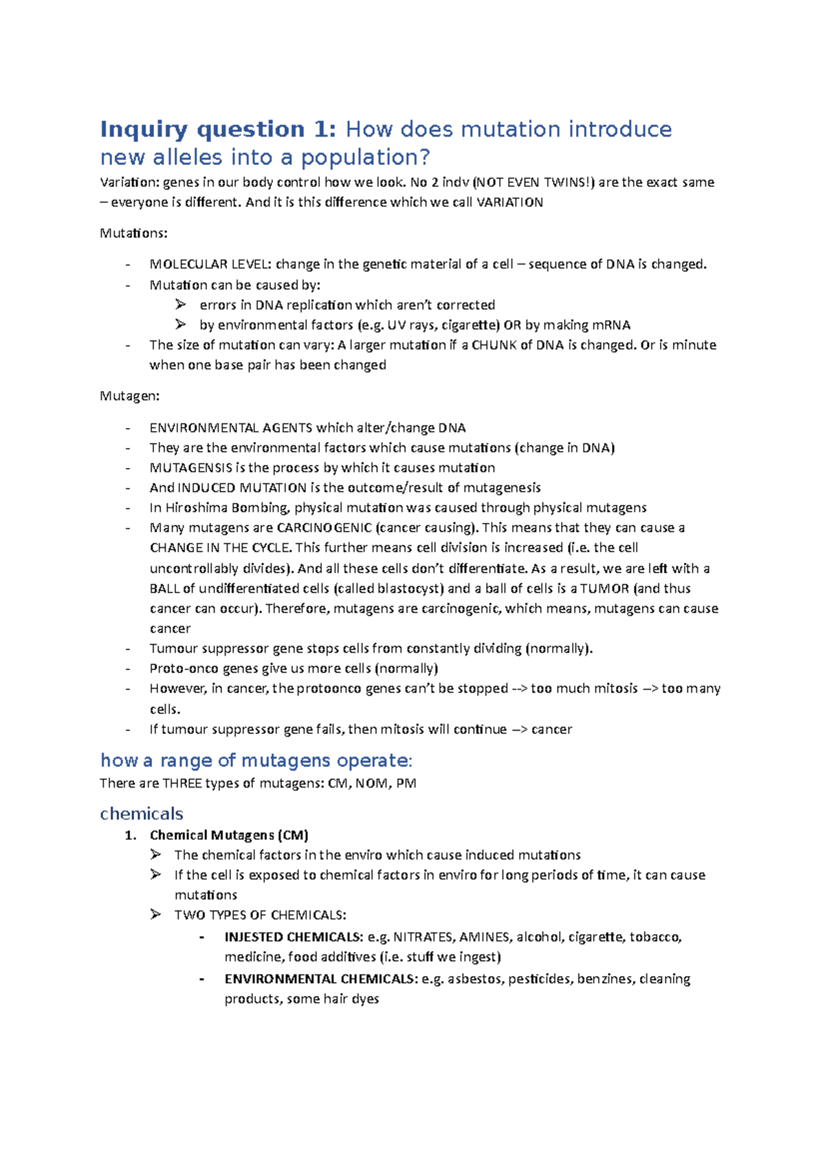 First half of Mod 6 - Summary Notes on Inquiry Question 1, Biology Mod ...