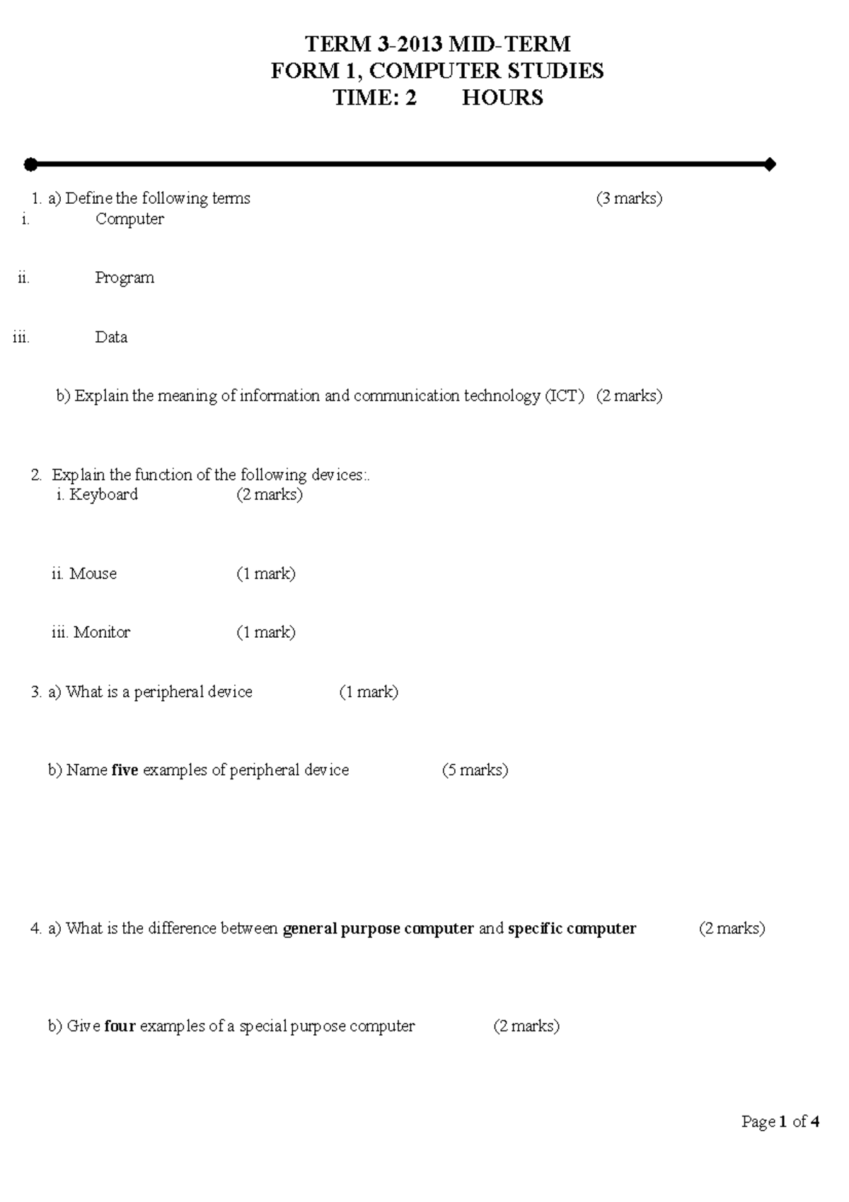 Form 1 Computer Studies Mid Term 3 Exam 2013 - FORM 1, COMPUTER ...