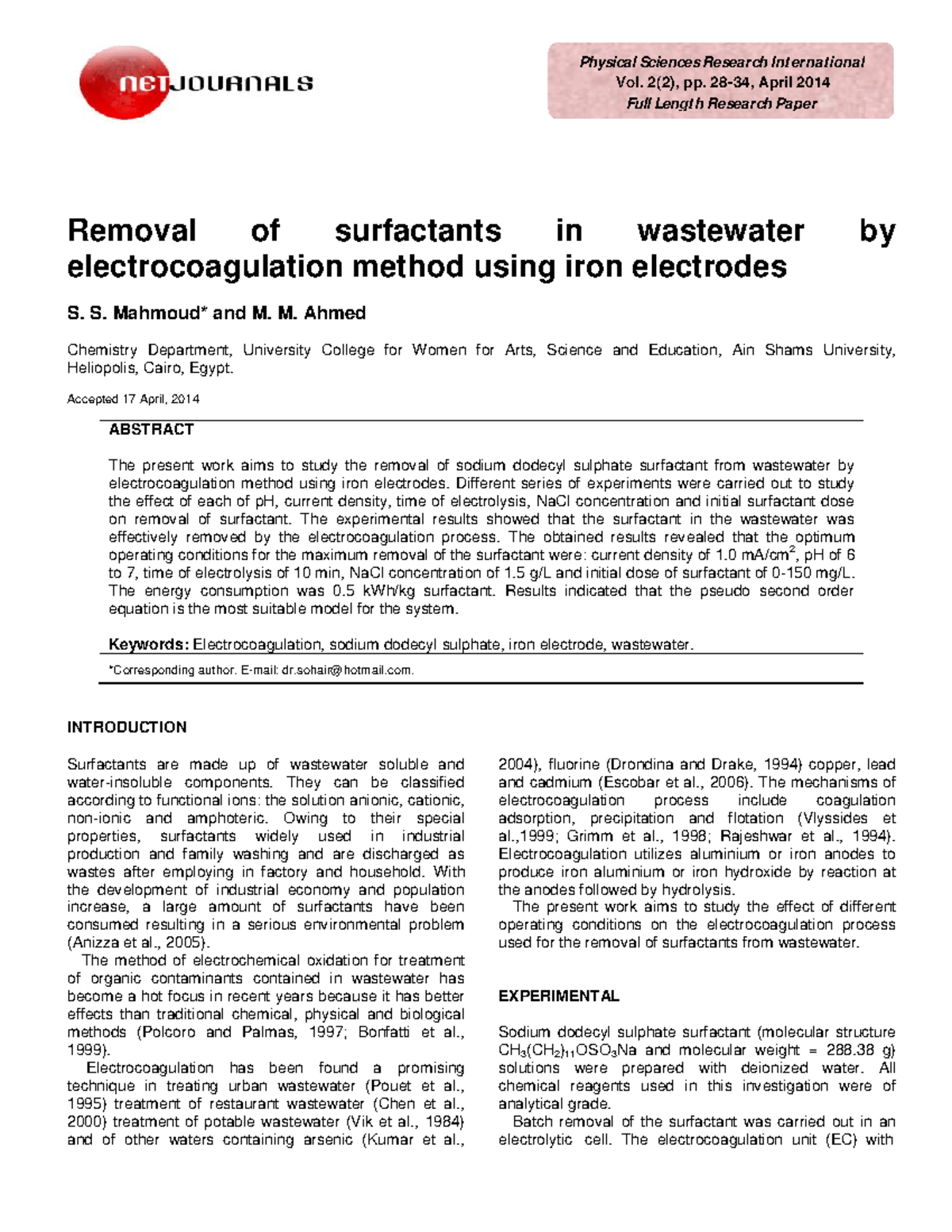 Electrocoagulación - Removal of surfactants in wastewater by ...