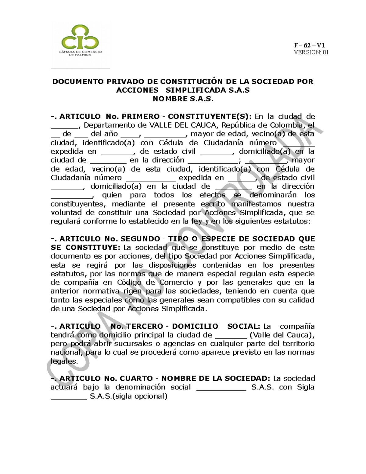 Modeloconstitucionsas - VERSION: 01 DOCUMENTO PRIVADO DE CONSTITUCIÓN DE LA SOCIEDAD POR ...