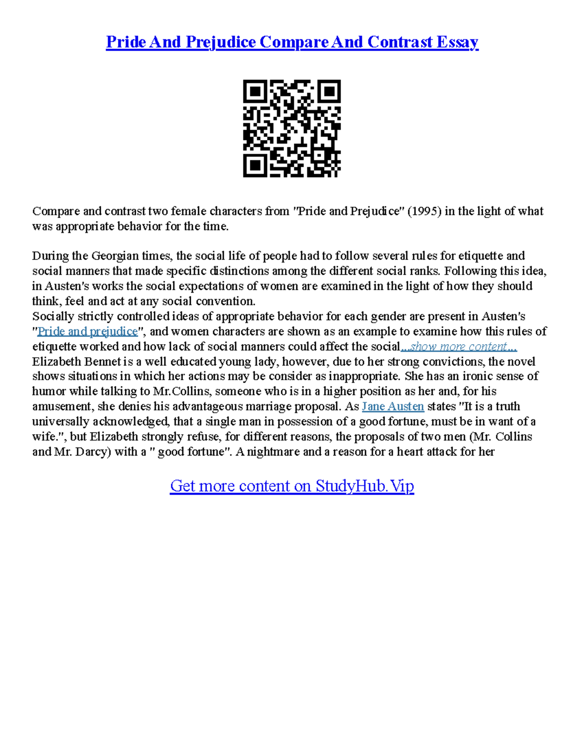 How Do You Start A Compare And Contrast Essay - Pride And Prejudice ...