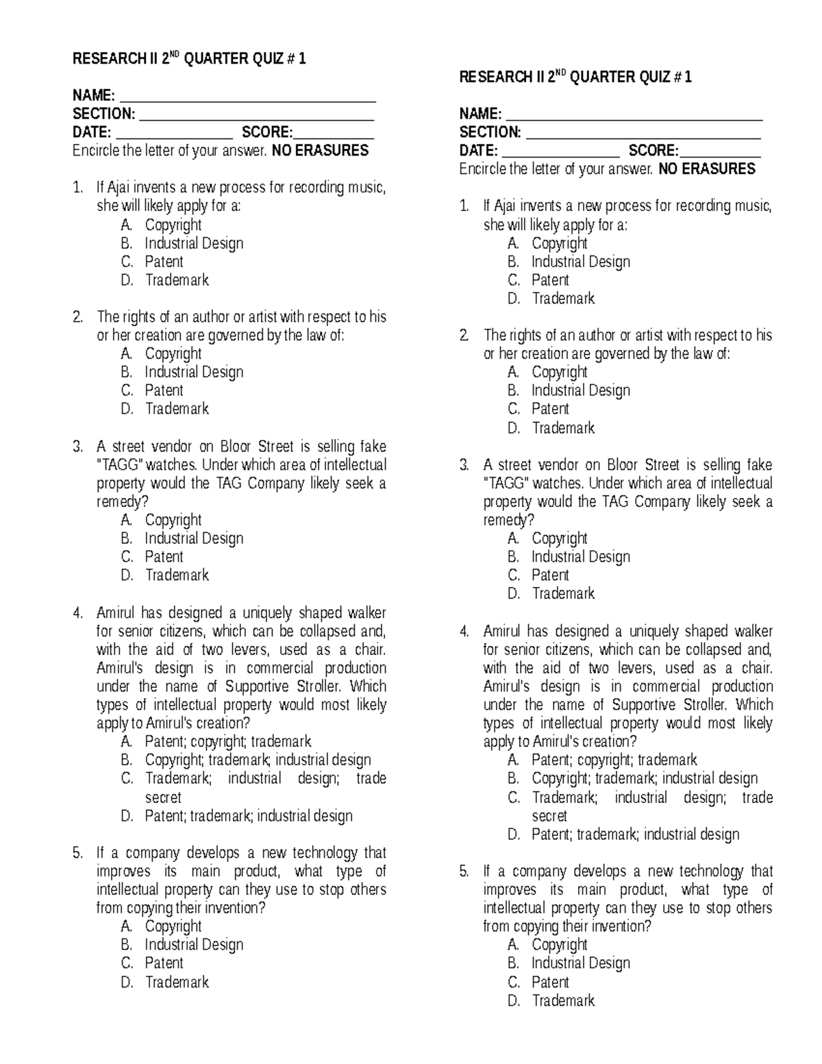 Sample QUIZ 1 R2 - RESEARCH II 2ND QUARTER QUIZ # 1 NAME