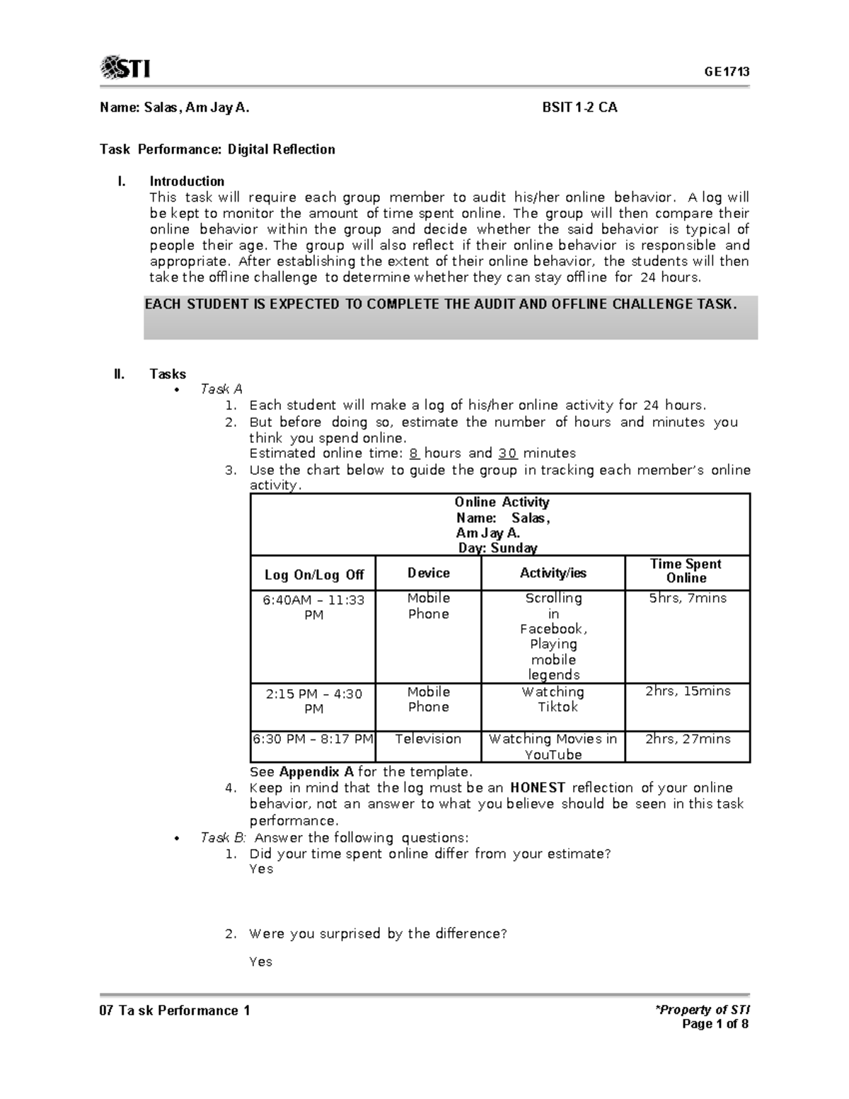 Sts-tp - sssss - 07 Ta sk Performance 1 *Property of STI Name: Salas, Am Jay A. BSIT 1-2 CA Task ...