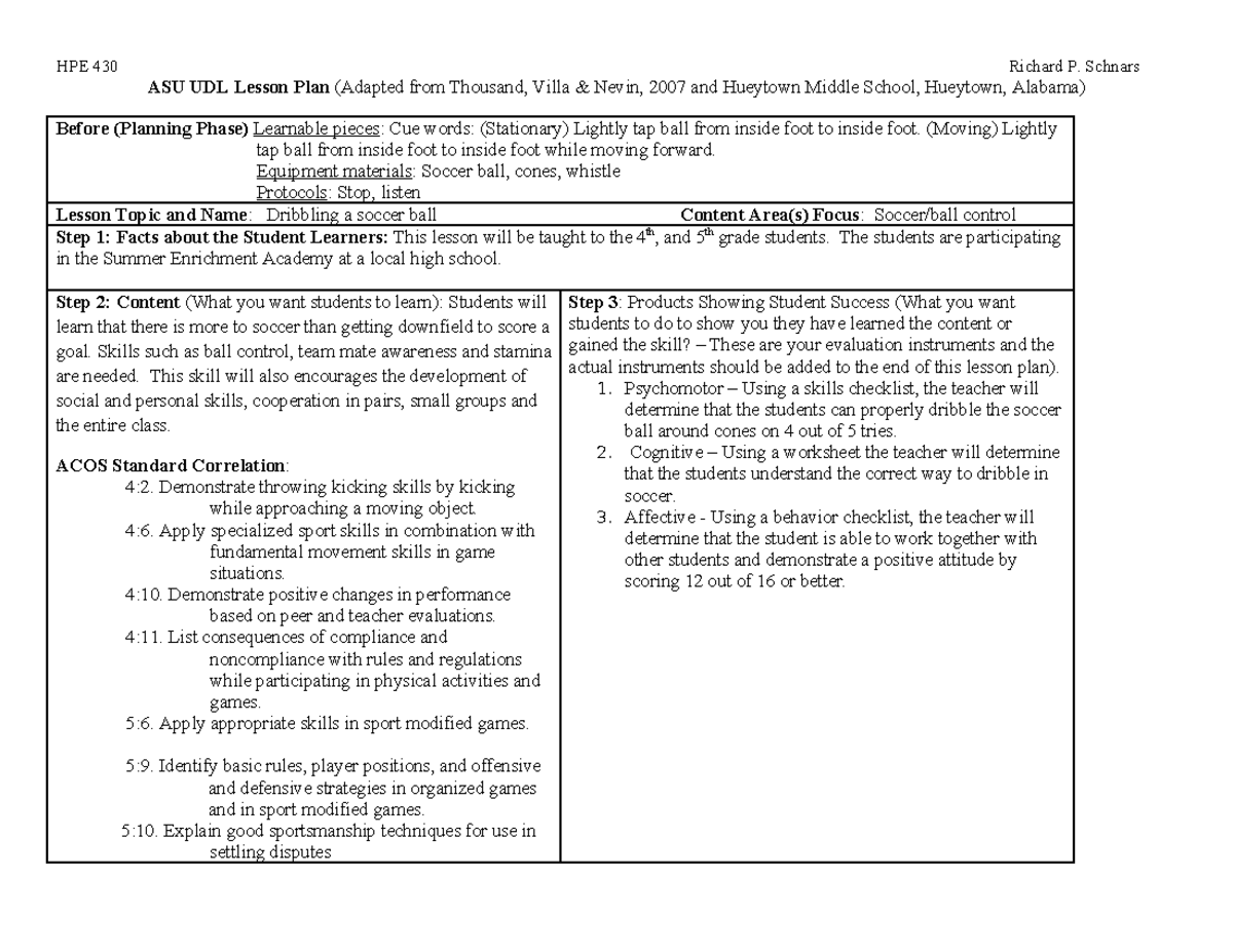 81503515 Soccer Dribbling Lesson - HPE 430 Richard P. Schnars ASU UDL ...