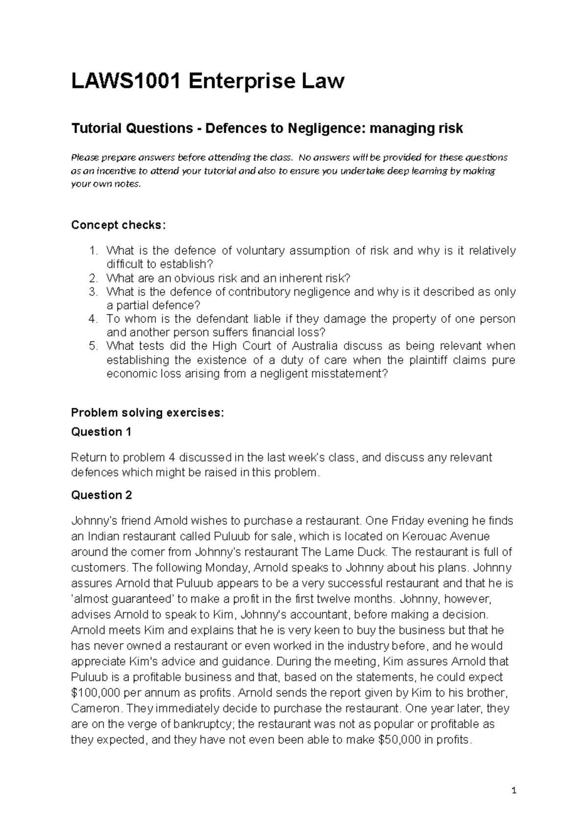 Neg II - tutorial questions - LAWS1001 Enterprise Law Tutorial ...