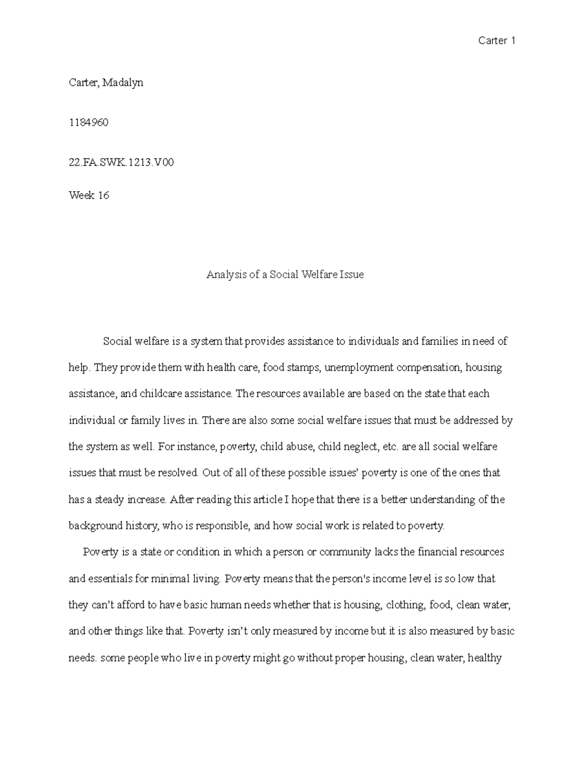 Carter, Madalyn Analysis of a Social Welfare Issue - Carter, Madalyn ...