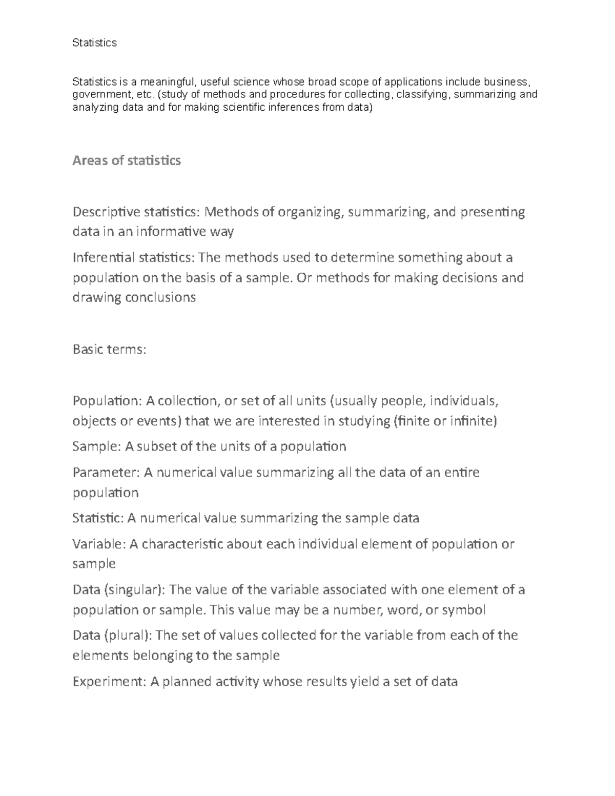 Statistics - Lecture notes all - Statistics Statistics is a meaningful ...