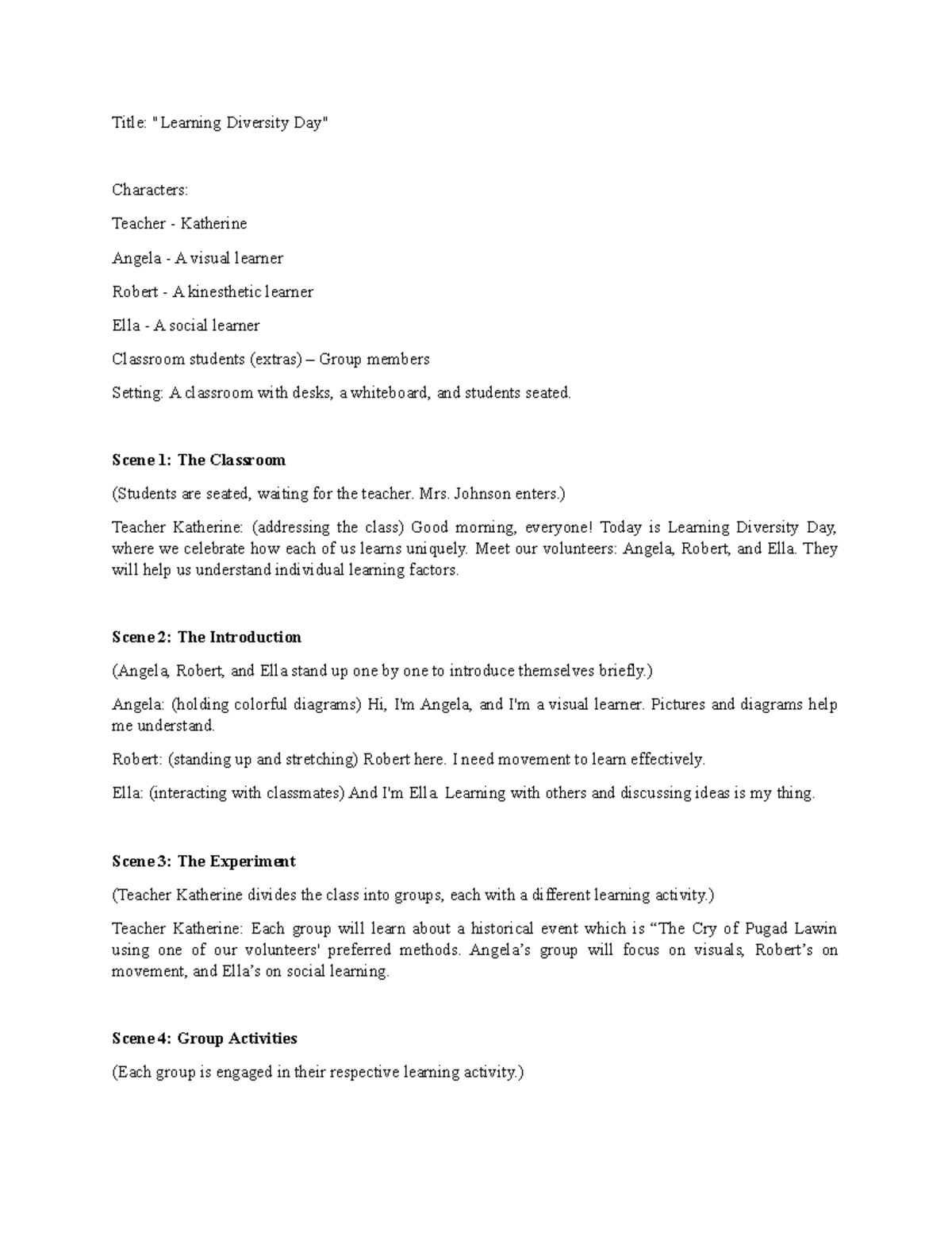 Skit Script Hhhshaj Title Learning Diversity Day Characters