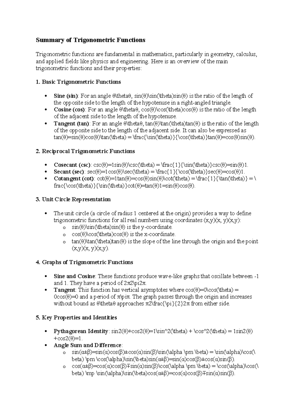 Trigo 1204830949094940293049 - Summary of Trigonometric Functions ...