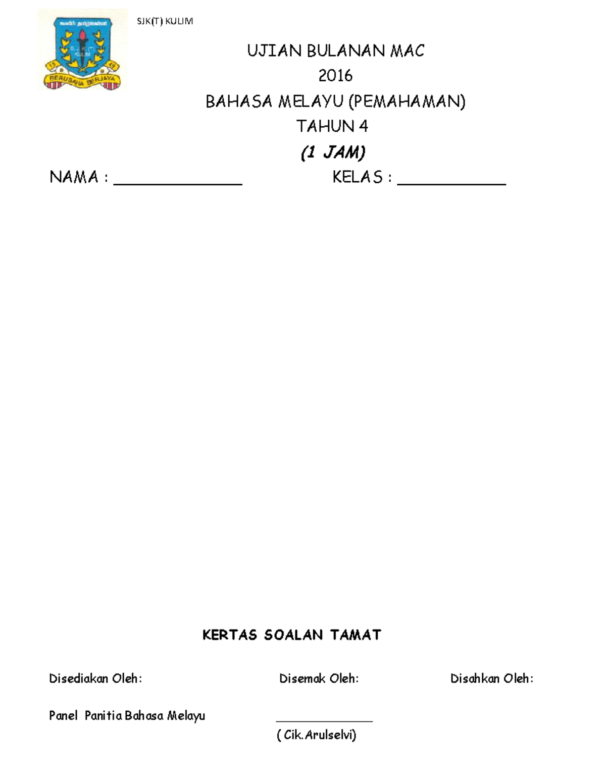 Contoh Format Exam SJKT Kulim - ####### SJK(T) KULIM UJIAN BULANAN MAC ...
