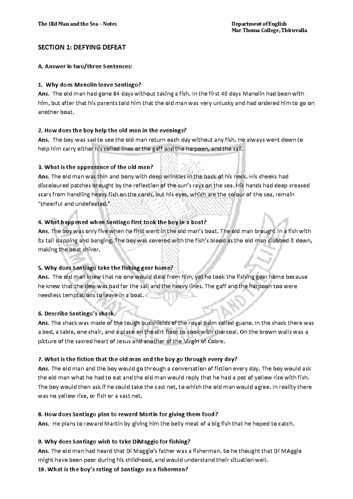 The Old Man and the Sea - notes - Mar Thoma College, Thiruvalla SECTION ...