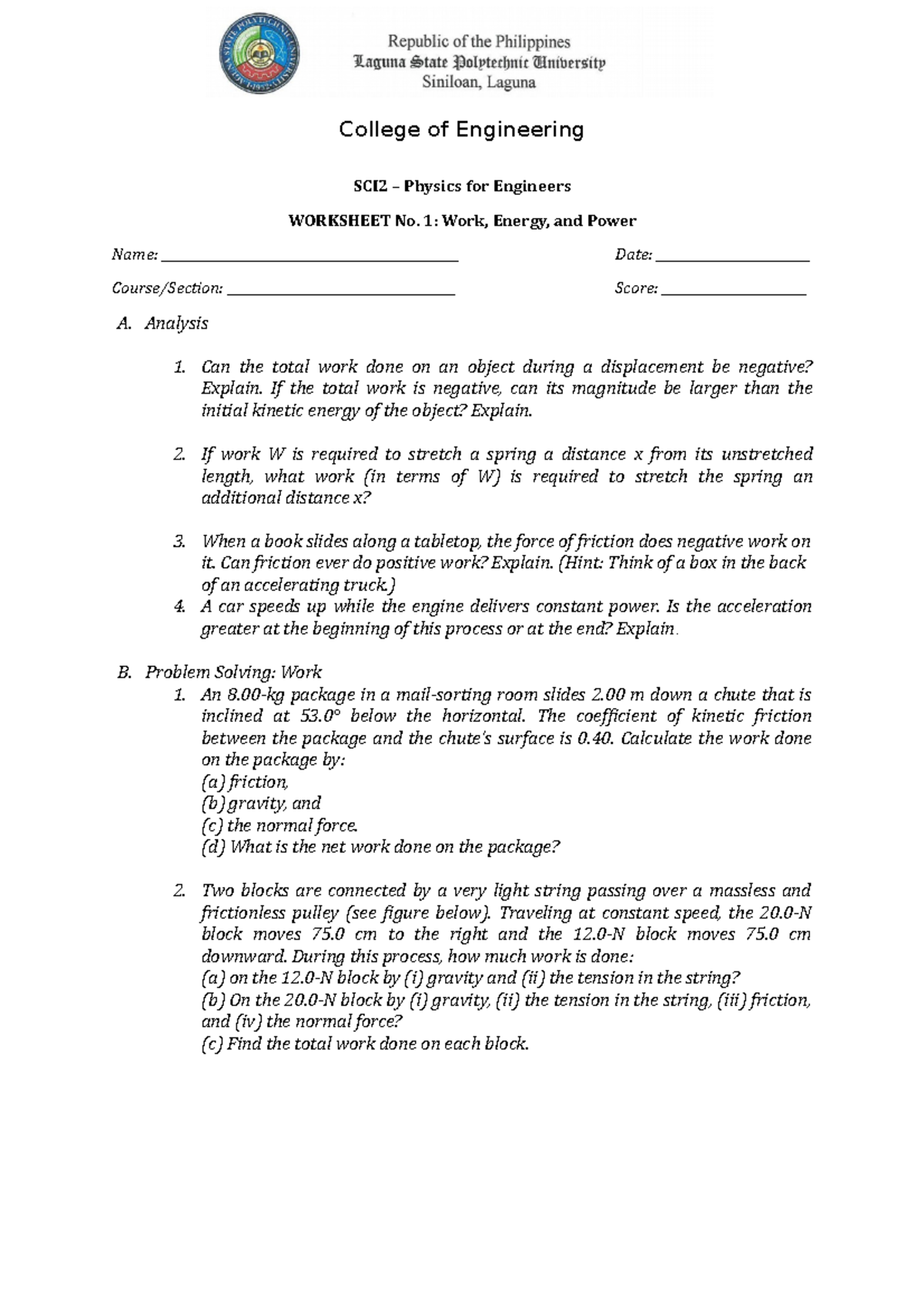 Worksheet 1 Work Energy Power College Of Engineering SCI2 worksheet-1-work-energy-power-college-of-engineering-sci2