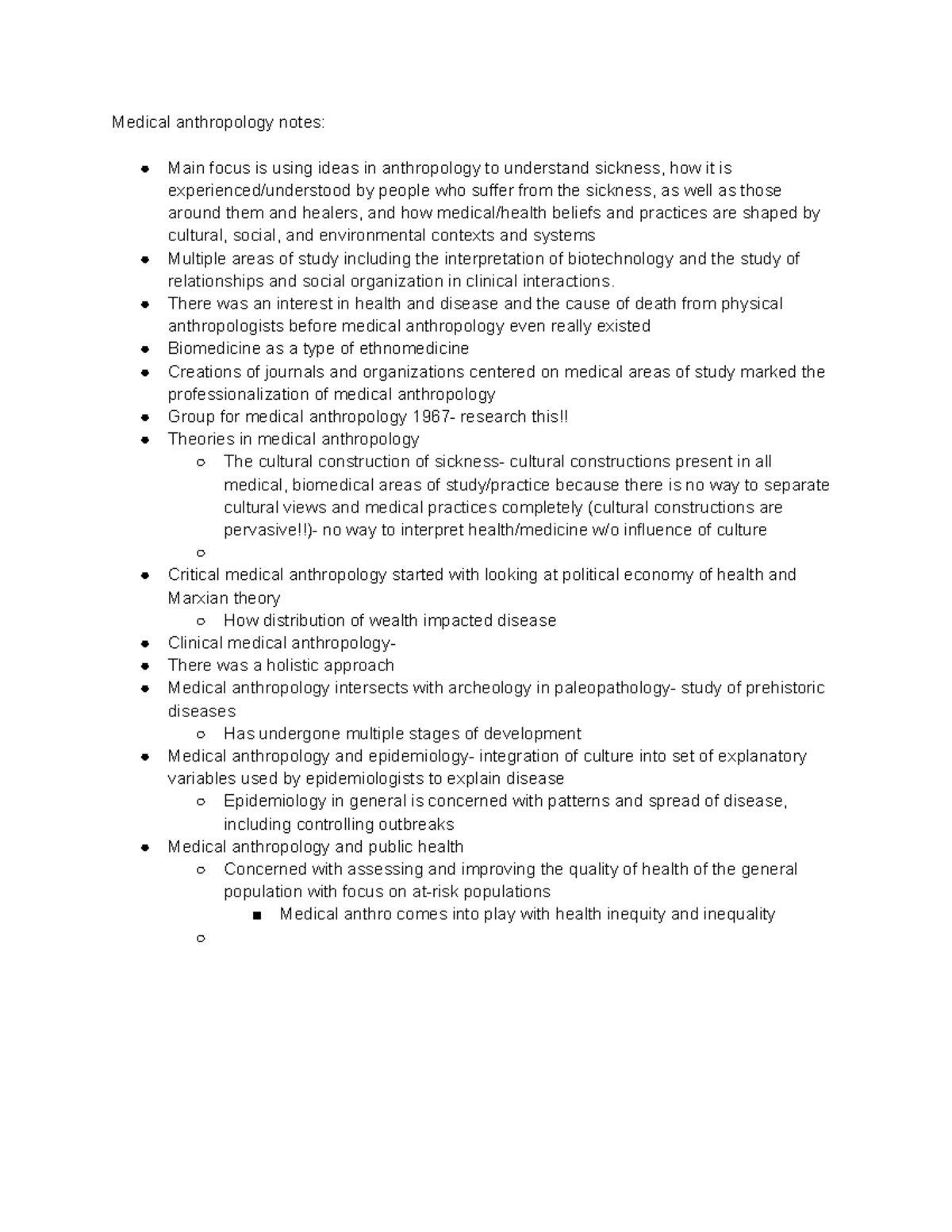 Medical anthropology notes - There was an interest in health and ...