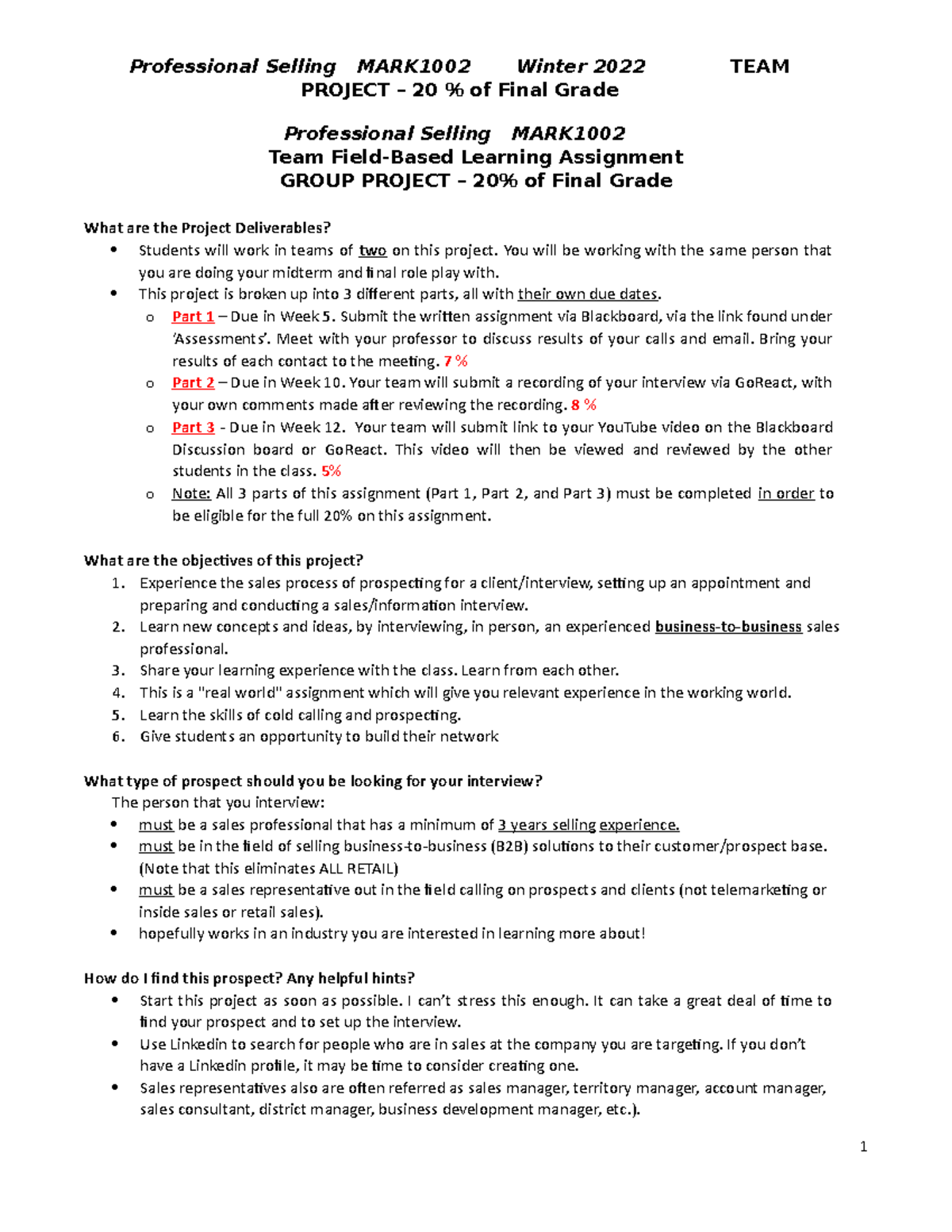 Field Based Assignment Winter 2022-monday - PROJECT – 20 % of Final ...