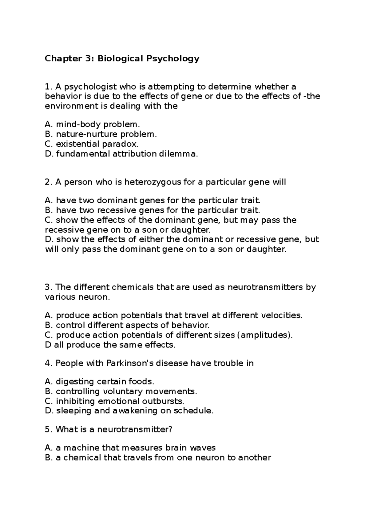 Biological Psych Study questions - Chapter 3: Biological Psychology 1 ...