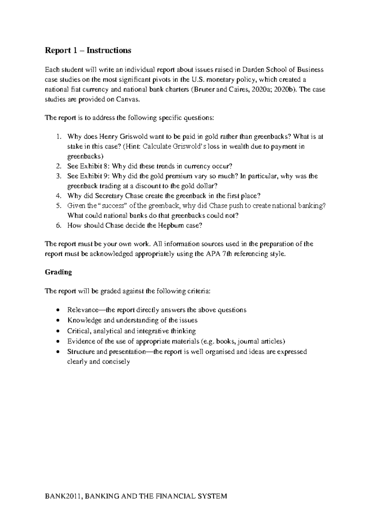 Report 1 – Instructions - BANK2011, BANKING AND THE FINANCIAL SYSTEM ...