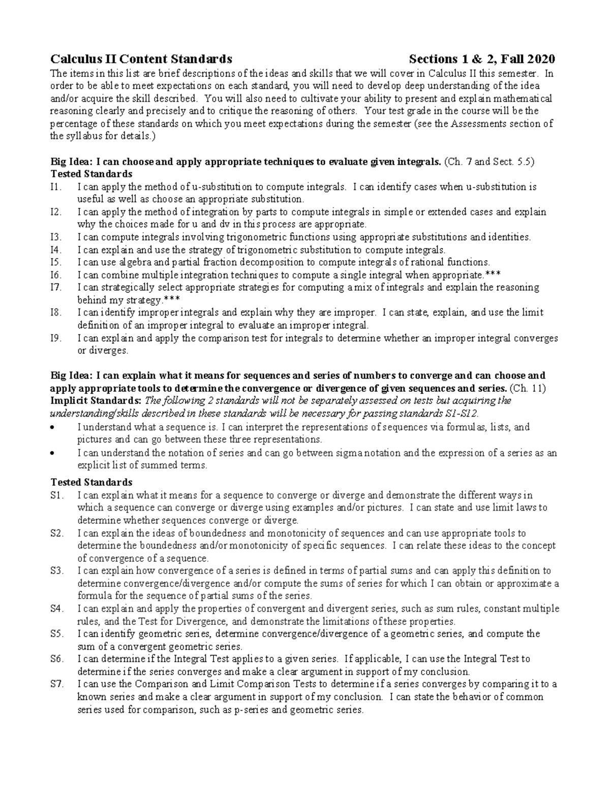 Calculus IIContent Standards - Calculus II Content Standards Sections 1 ...