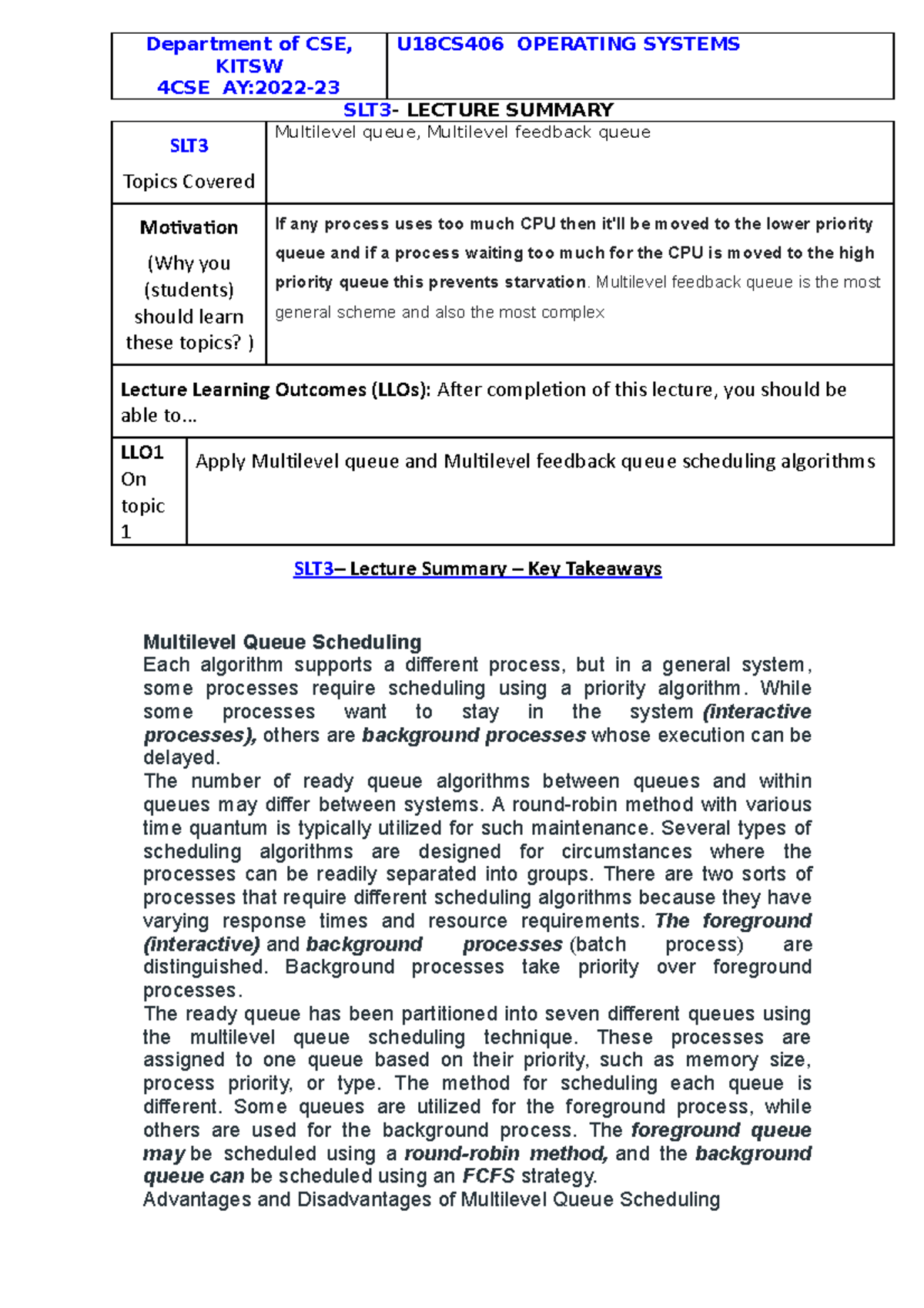 Os Slt3 Notes Department Of Cse Kitsw 4cse Ay2022 U18cs406