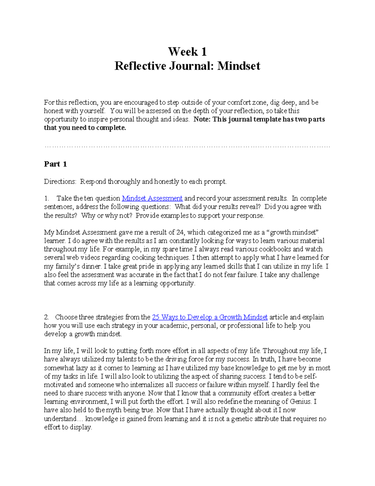 Week 1 Journal Template - Week 1 Reflective Journal: Mindset For this ...
