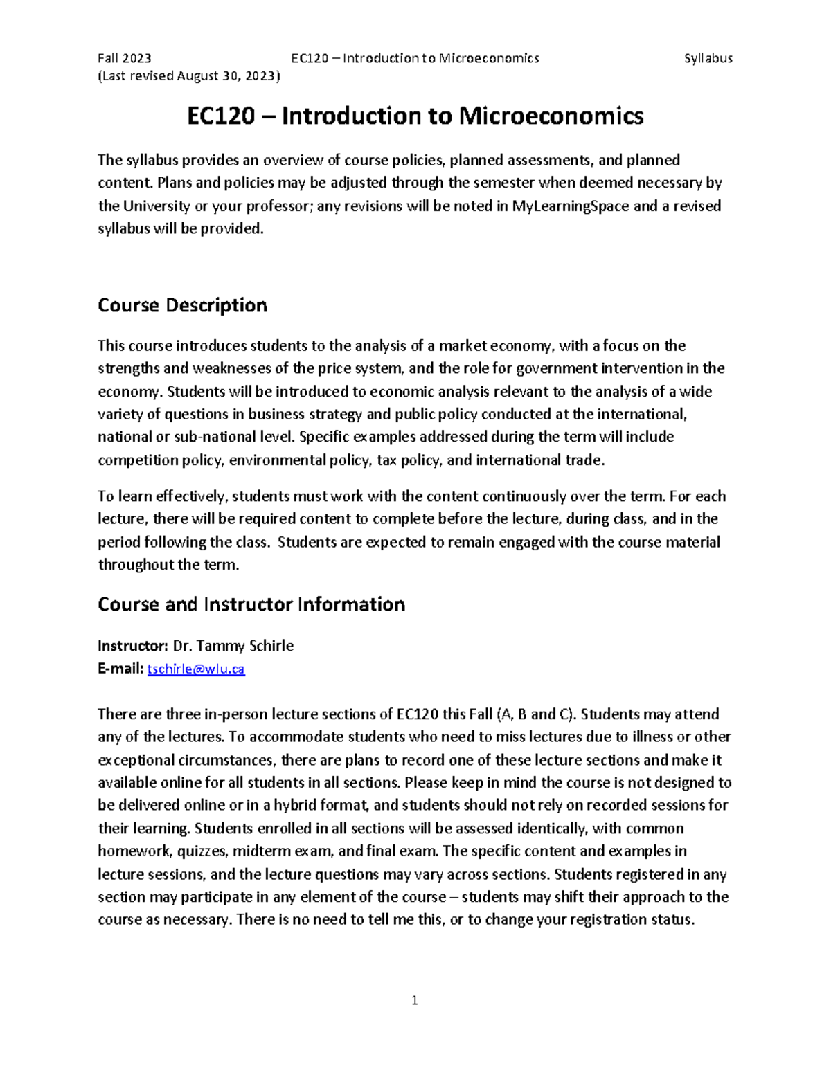 EC120 Course Outline - Fall 2023-Sept11 - (Last revised August 30, 2023 ...
