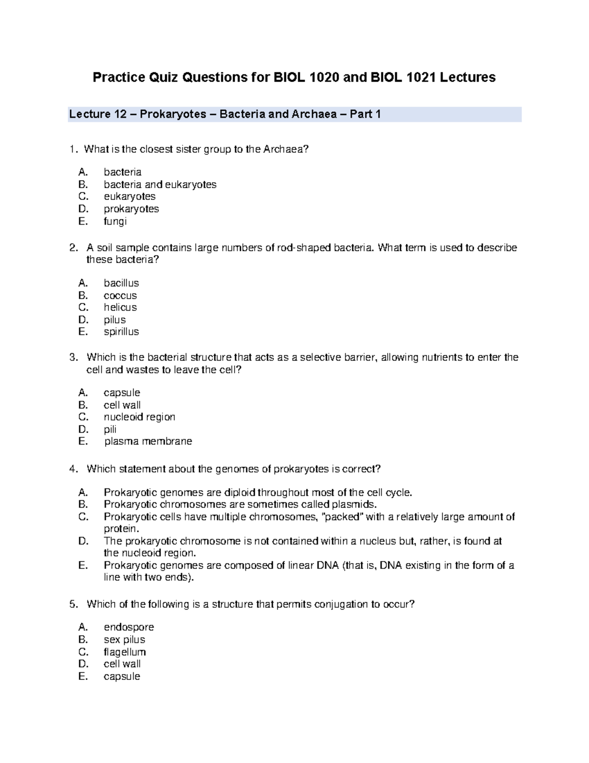 Lecture 12 Practice Questions - Practice Quiz Questions for BIOL 1020 and BIOL 1021 Lectures ...