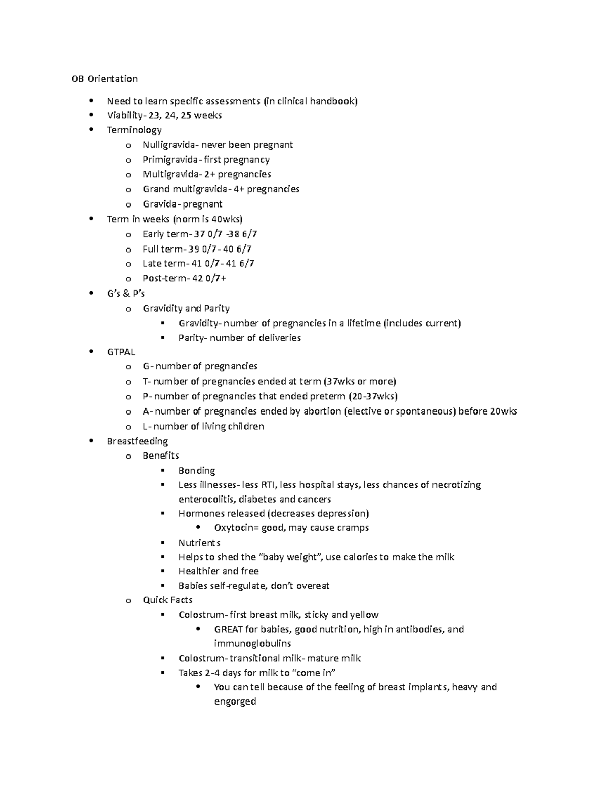 OB Notes - OB Orientation Need to learn specific assessments (in ...