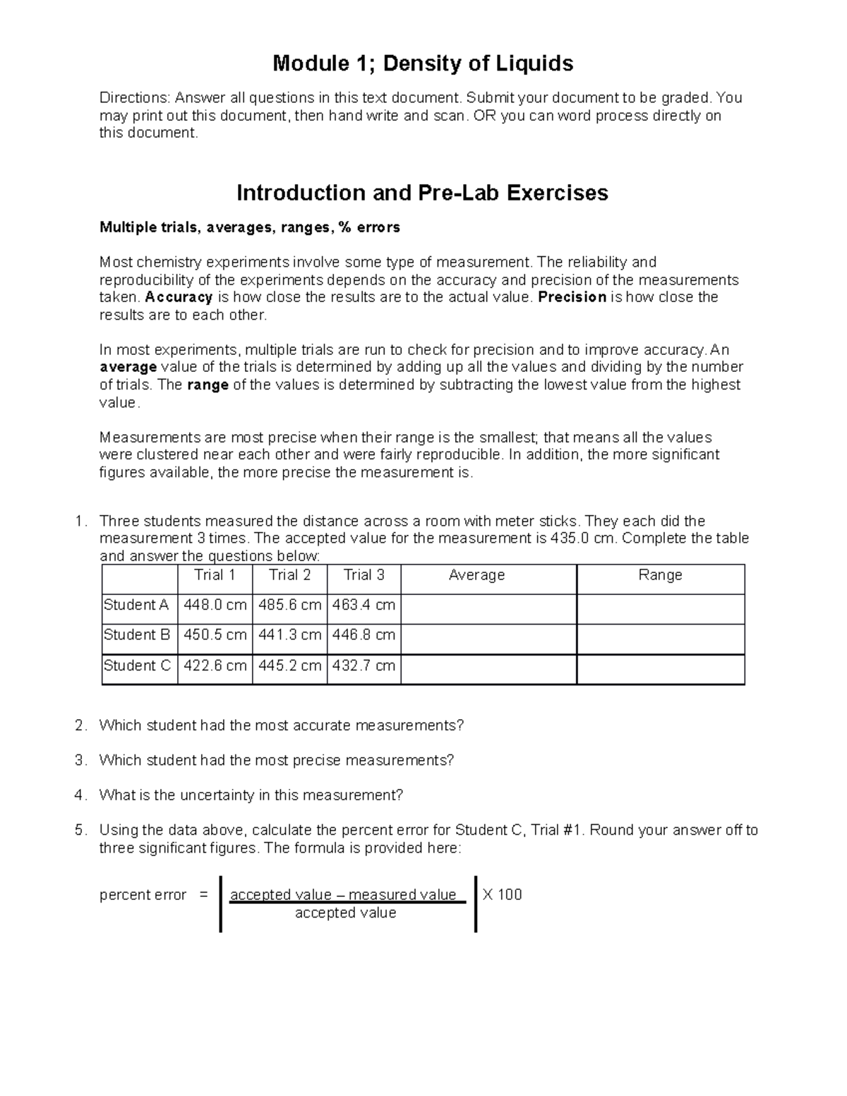 Module 1; Density of Liquids - Module 1; Density of Liquids Directions ...